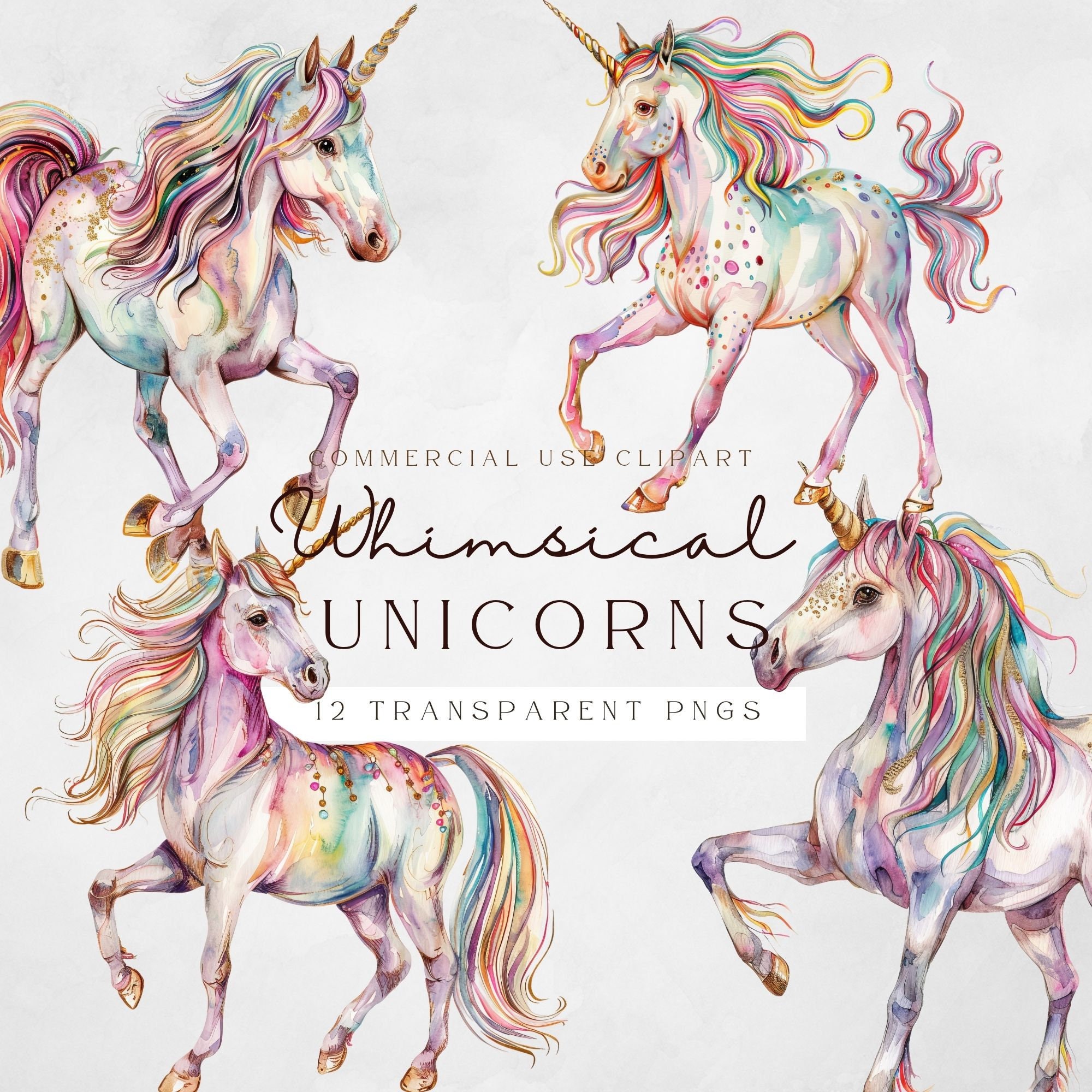Pastel Unicorn Rainbow Clipart Whimsical Unicorns Nursery Wall Art ...
