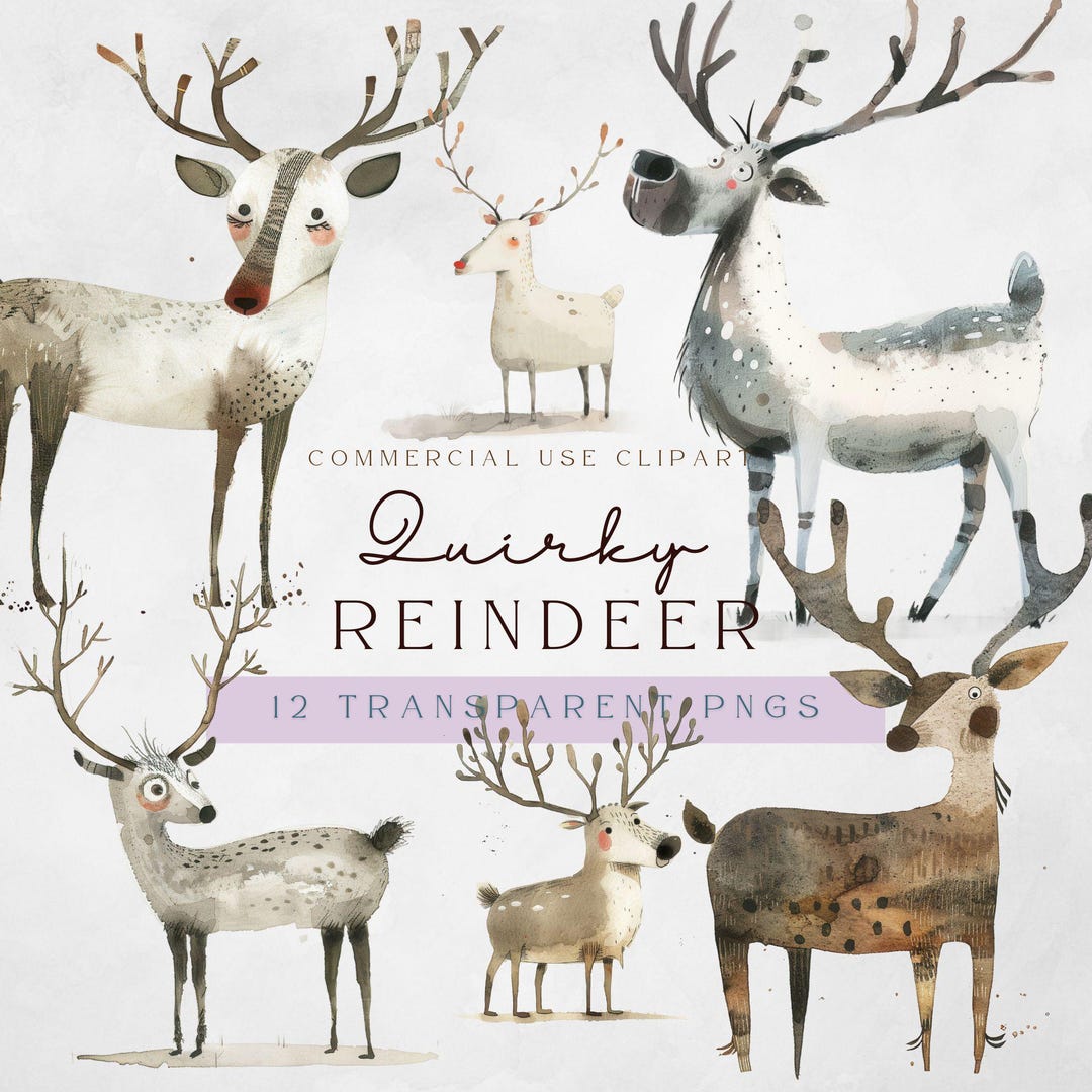 Quirky Reindeer Clipart | Funny Christmas Graphics Watercolor Reindeer ...