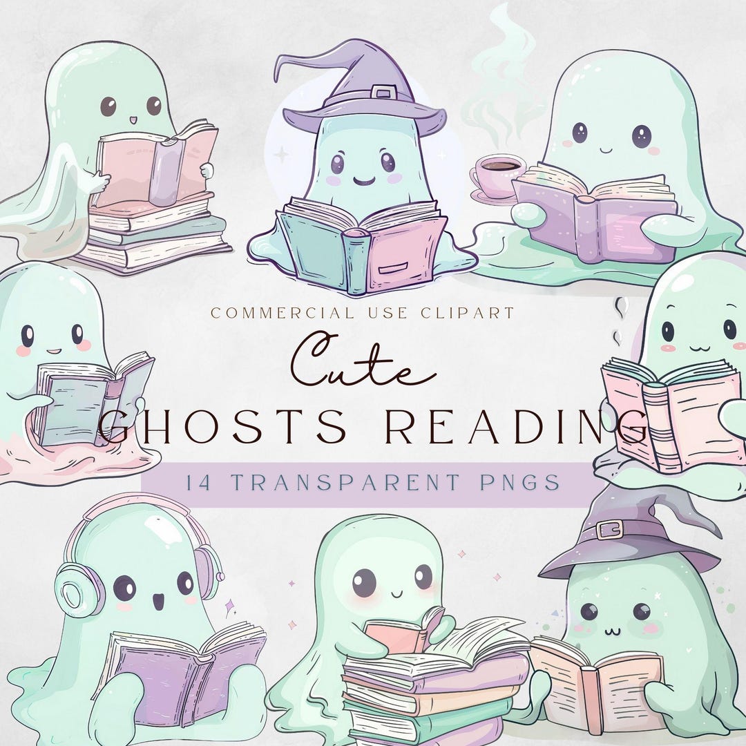 Bookish Ghost Clipart | Cute Halloween Reading PNG (digital Download ...