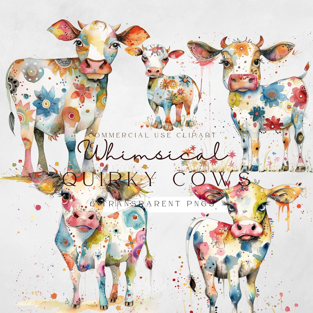 Watercolor Whimsical Quirky Cows, Clipart Bundle, Transparent PNG ...
