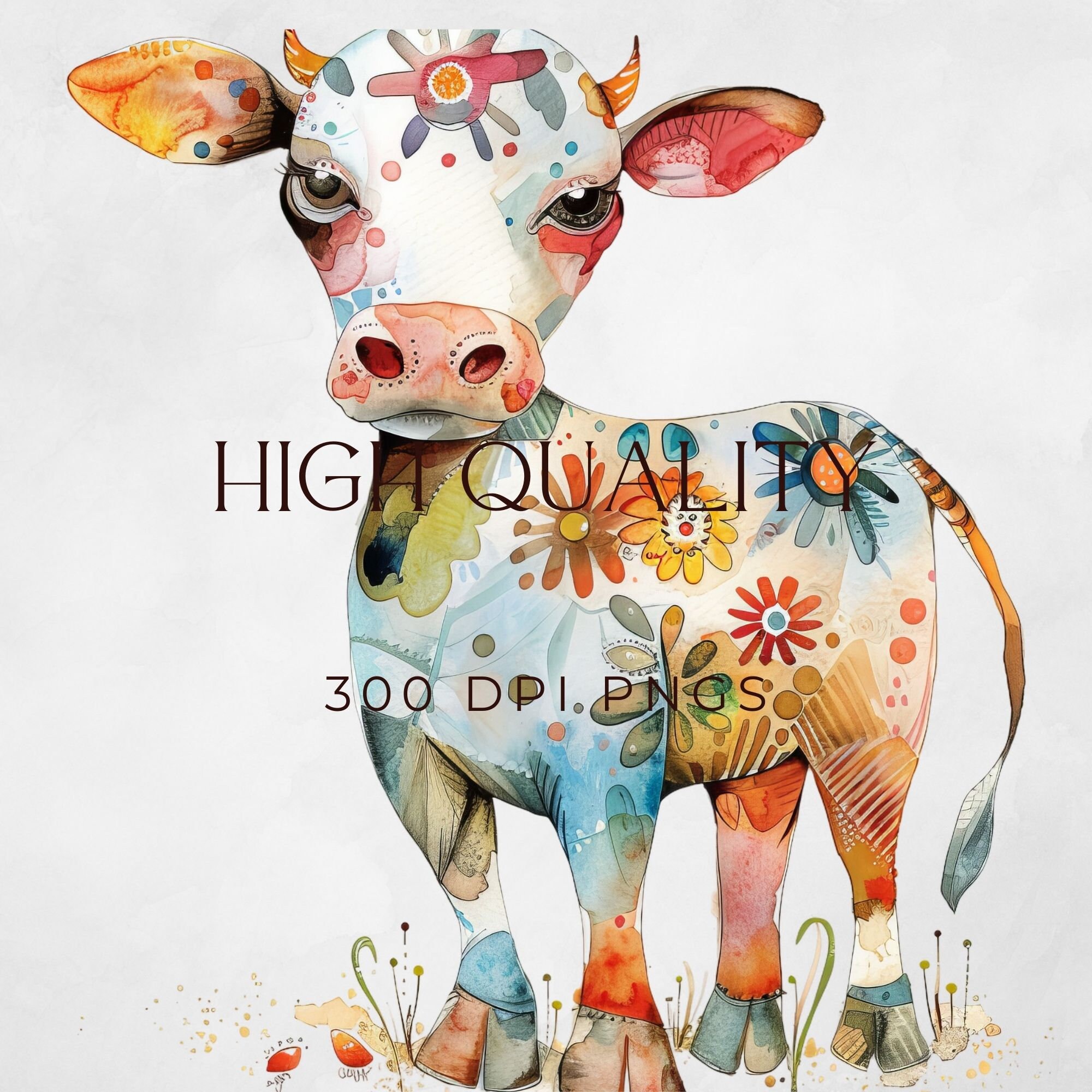 Watercolor Whimsical Quirky Cows, Clipart Bundle, Transparent PNG ...
