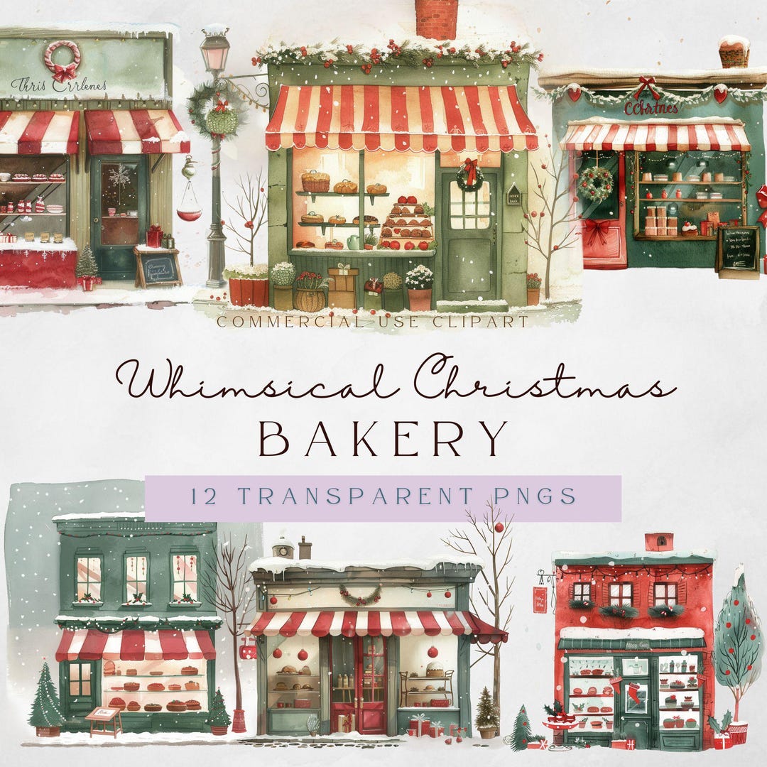 Cozy Watercolor Christmas Bakery Storefront Clipart - Winter Scenes ...