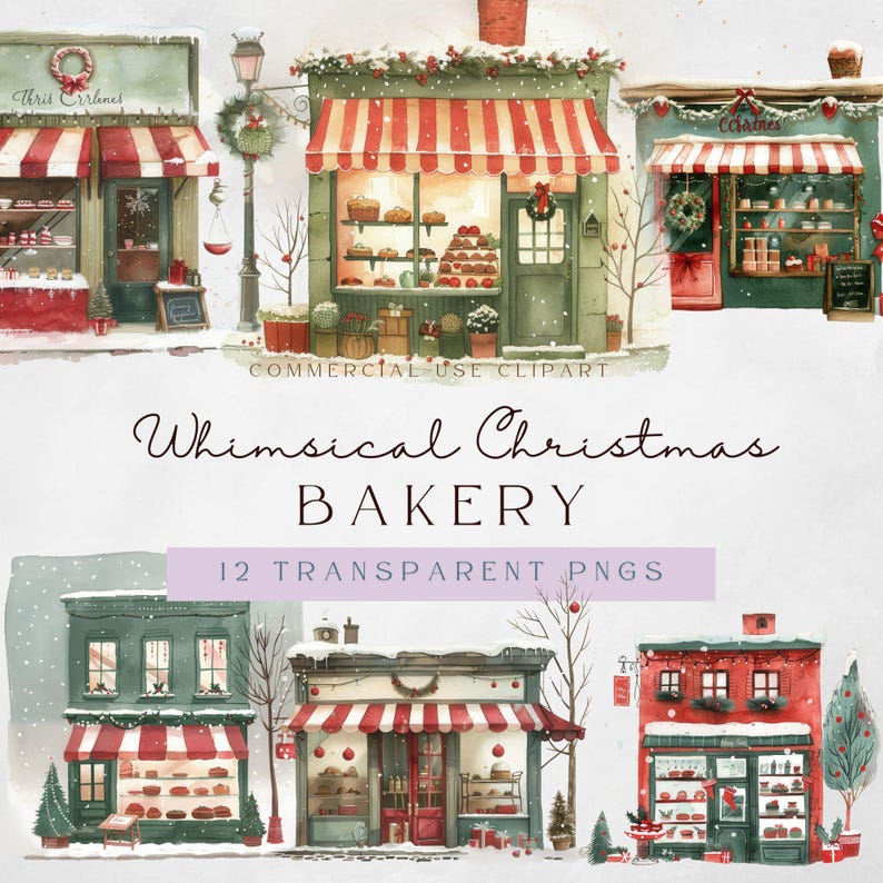 Cozy Watercolor Christmas Bakery Storefront Clipart - Winter Scenes ...