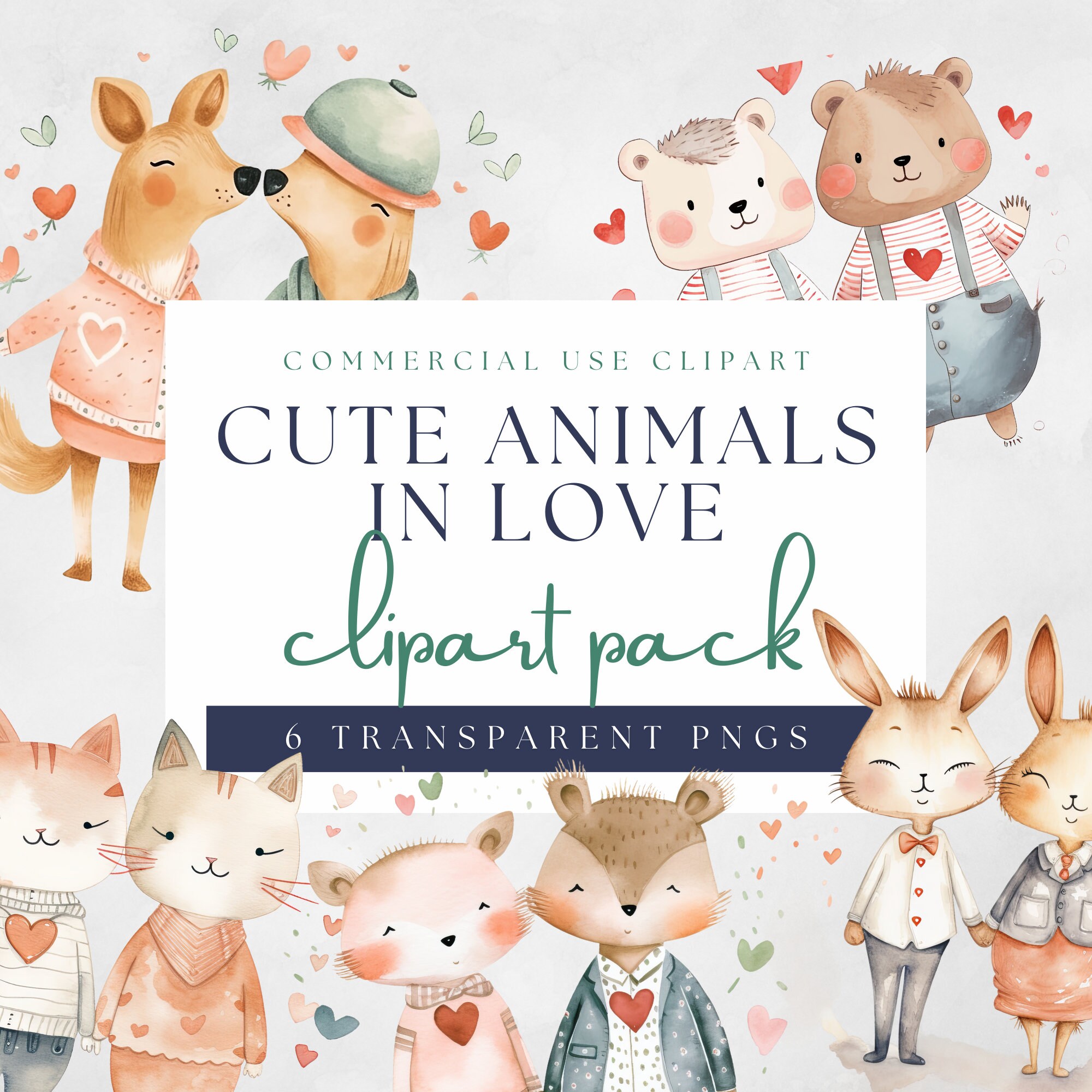 Cute Animals in Love, Valentines Clipart, Childrens Illustration ...