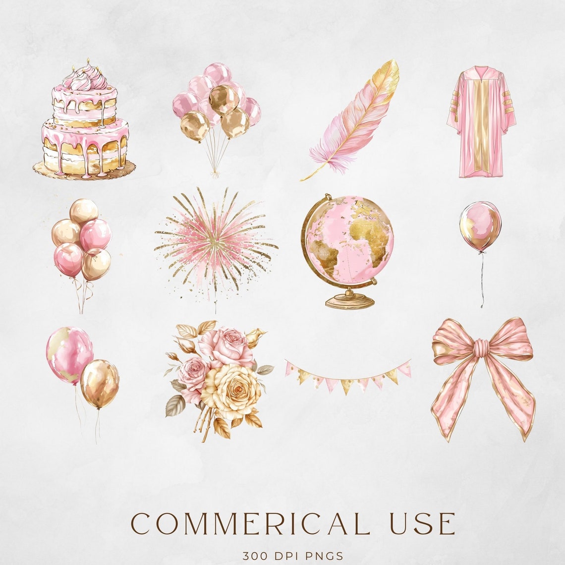 Pink Graduation Clipart | Pink and Gold Watercolour Grad Cap and Gown ...