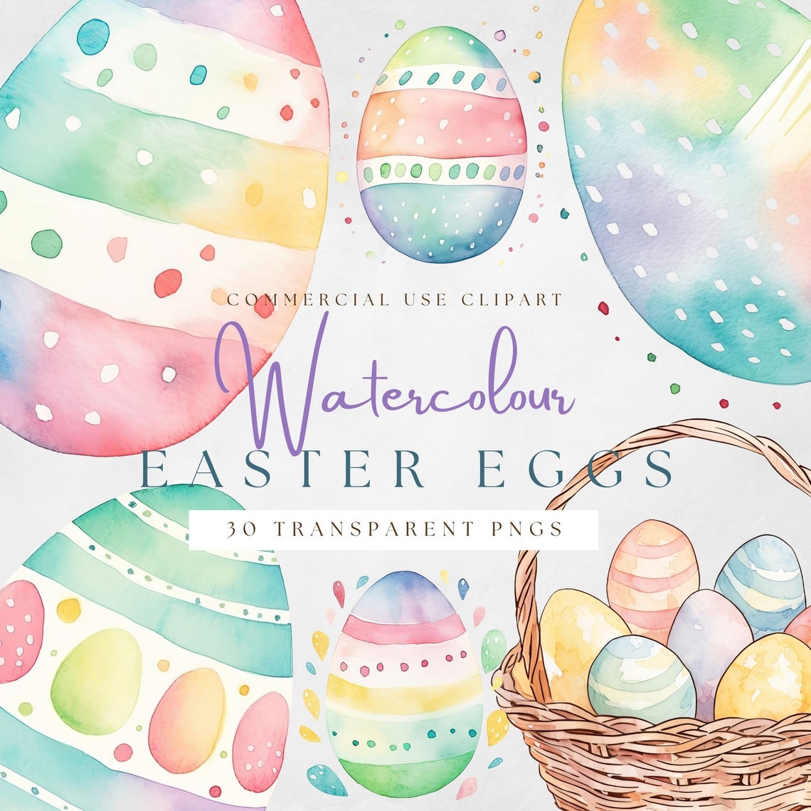 Watercolour Pastel Easter Eggs Clipart Bundle, Watercolor, Transparent ...