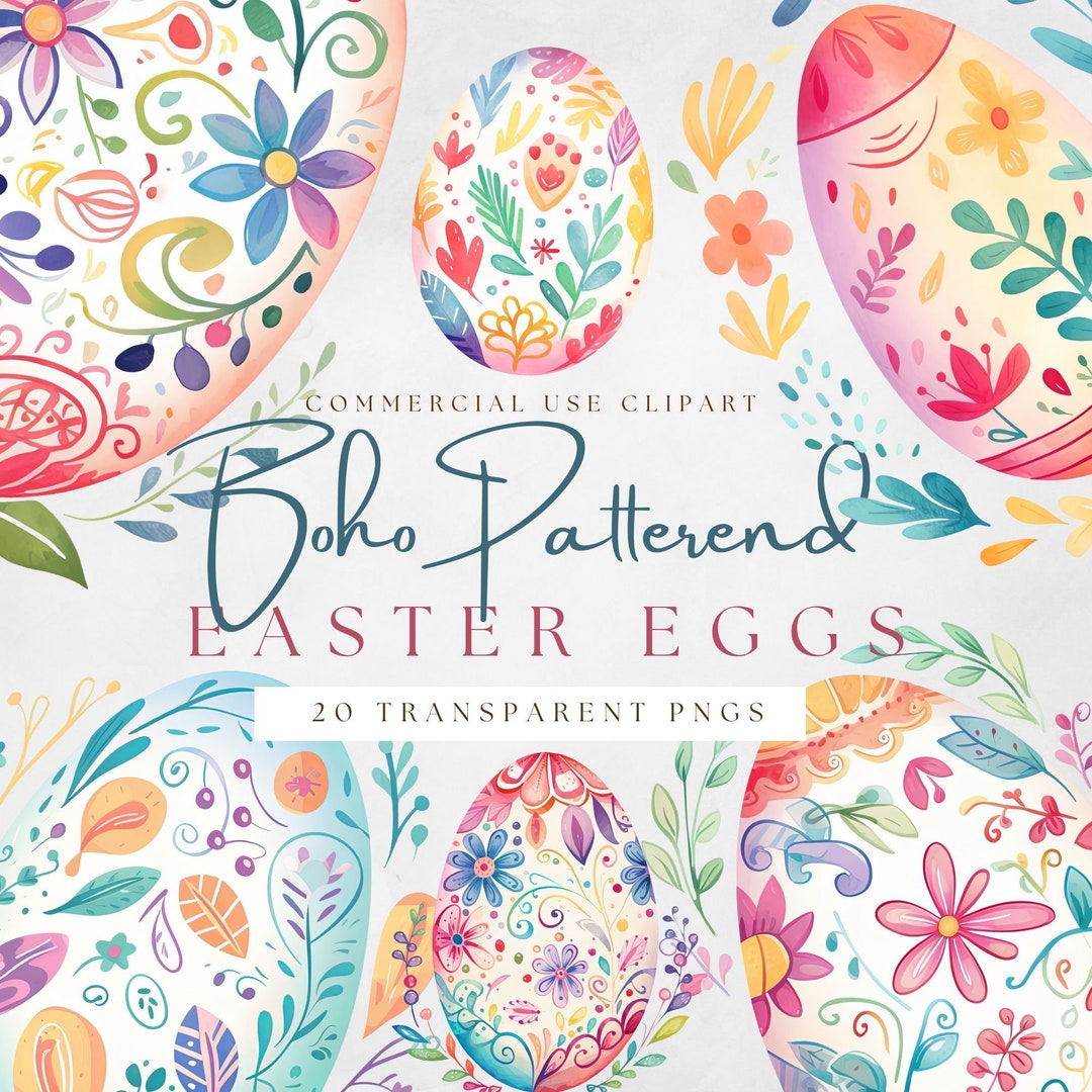Boho Patterned Easter Eggs Clipart Bundle, Watercolor, Transparent PNG ...