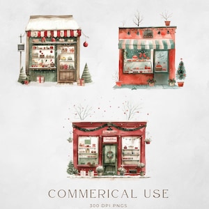 Cozy Watercolor Christmas Bakery Storefront Clipart - Winter Scenes ...