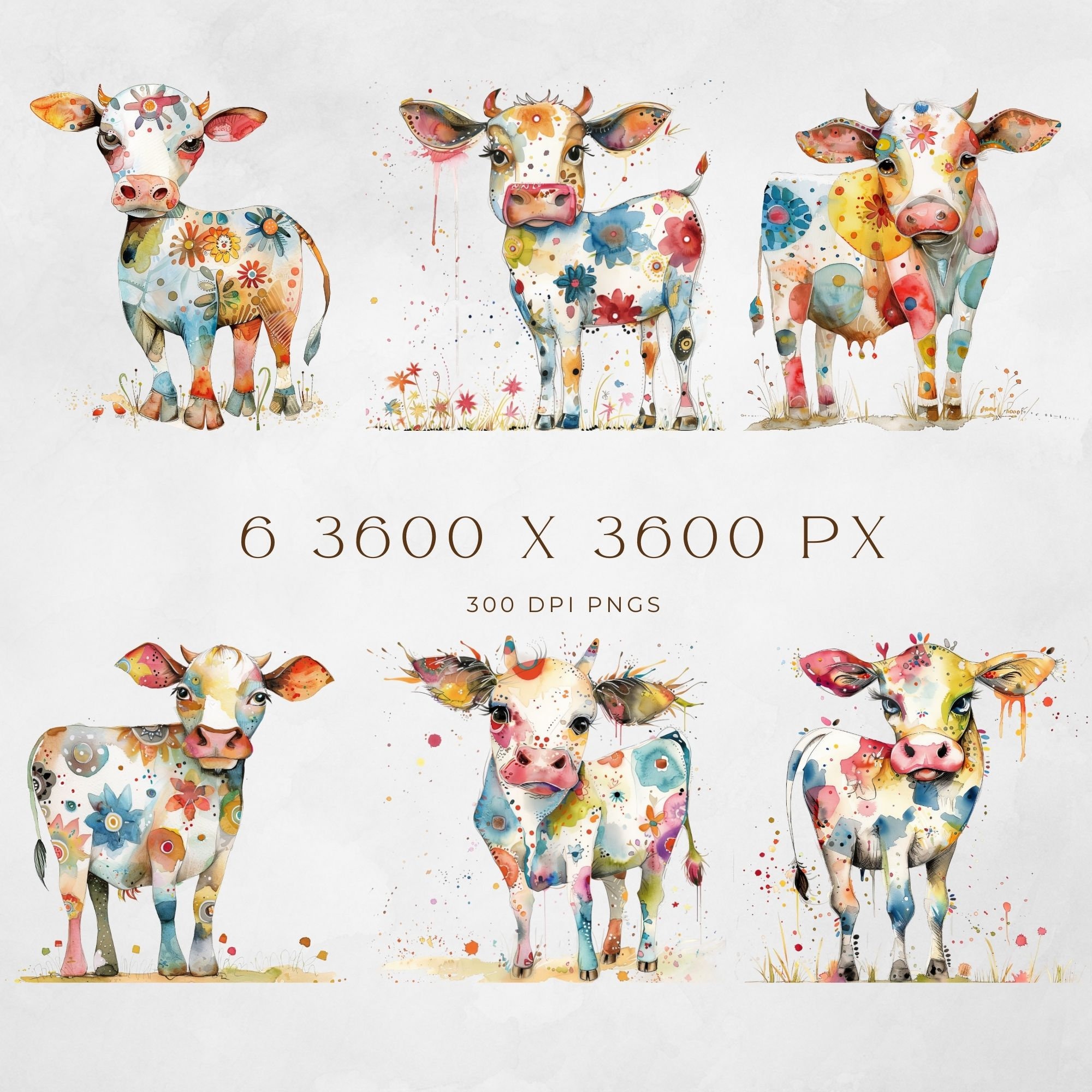 Watercolor Whimsical Quirky Cows, Clipart Bundle, Transparent PNG ...