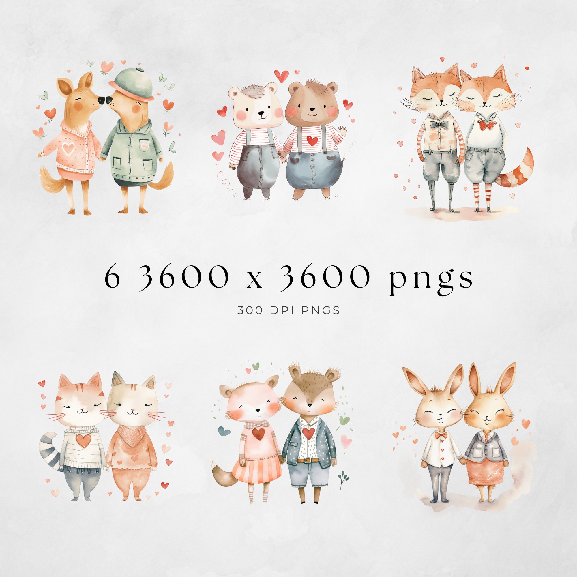 Cute Animals in Love, Valentines Clipart, Childrens Illustration ...