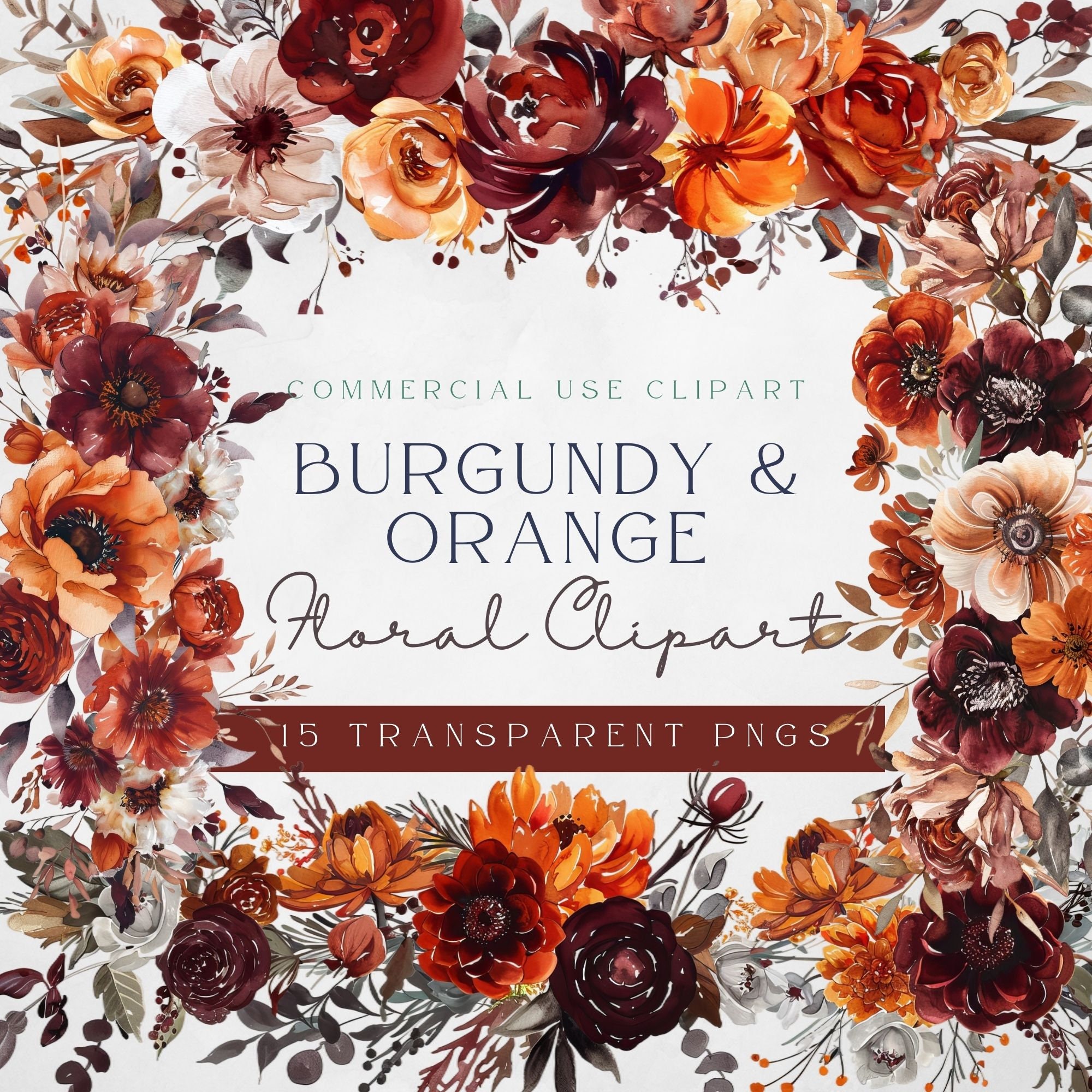 Burgundy and Burnt Orange Floral Watercolor Clipart | Boho Flowers ...