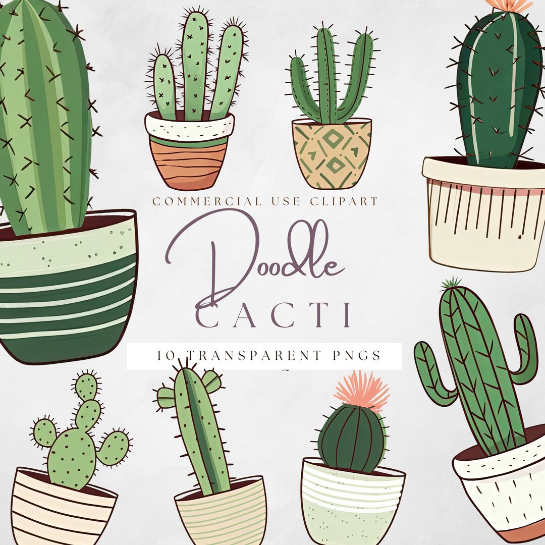 Doodle Cacti, Cactus Watercolor Clipart Bundle, Transparent PNG ...