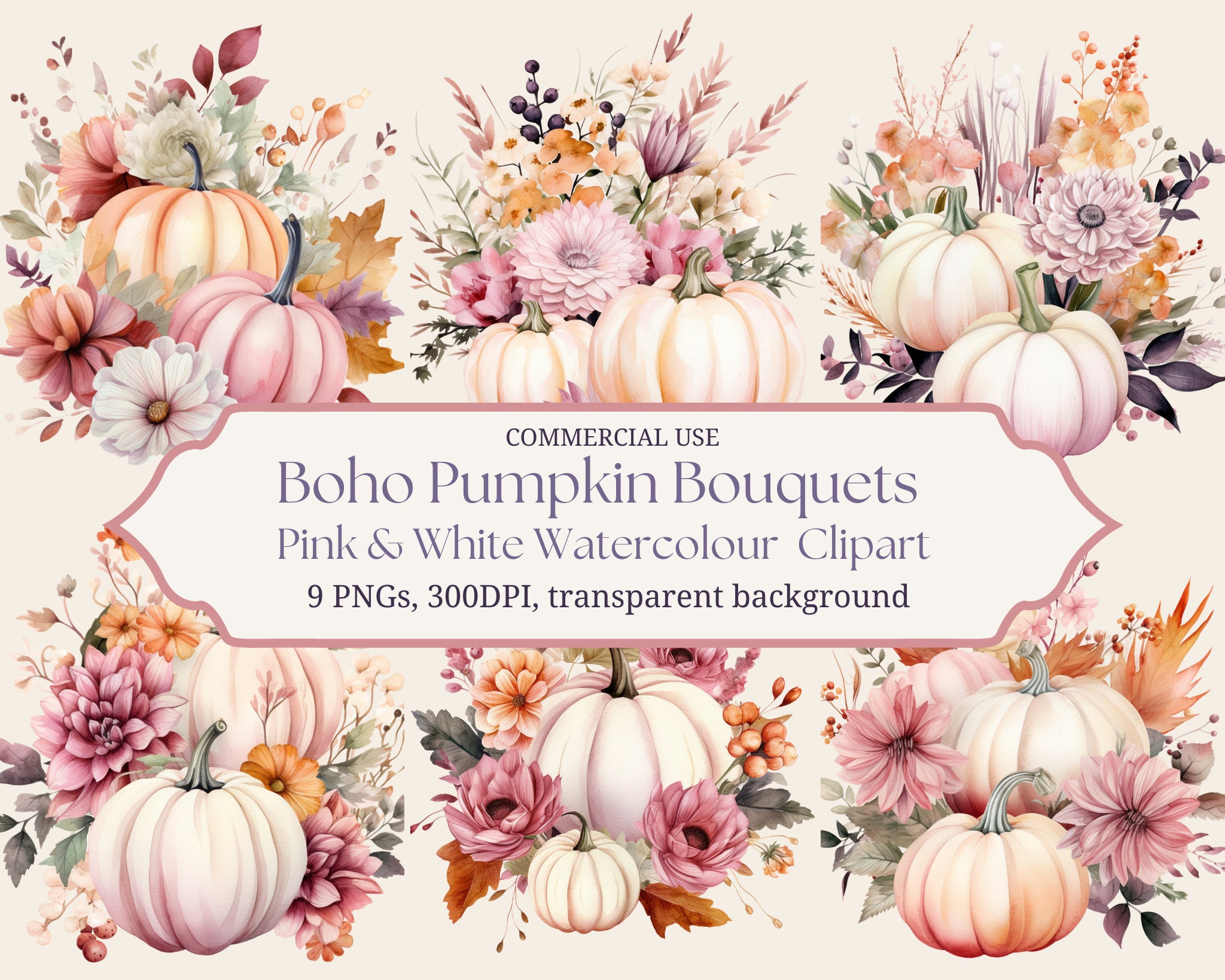 Boho Pink and White Pumpkin Bouquet Clipart Watercolour, Transparent ...