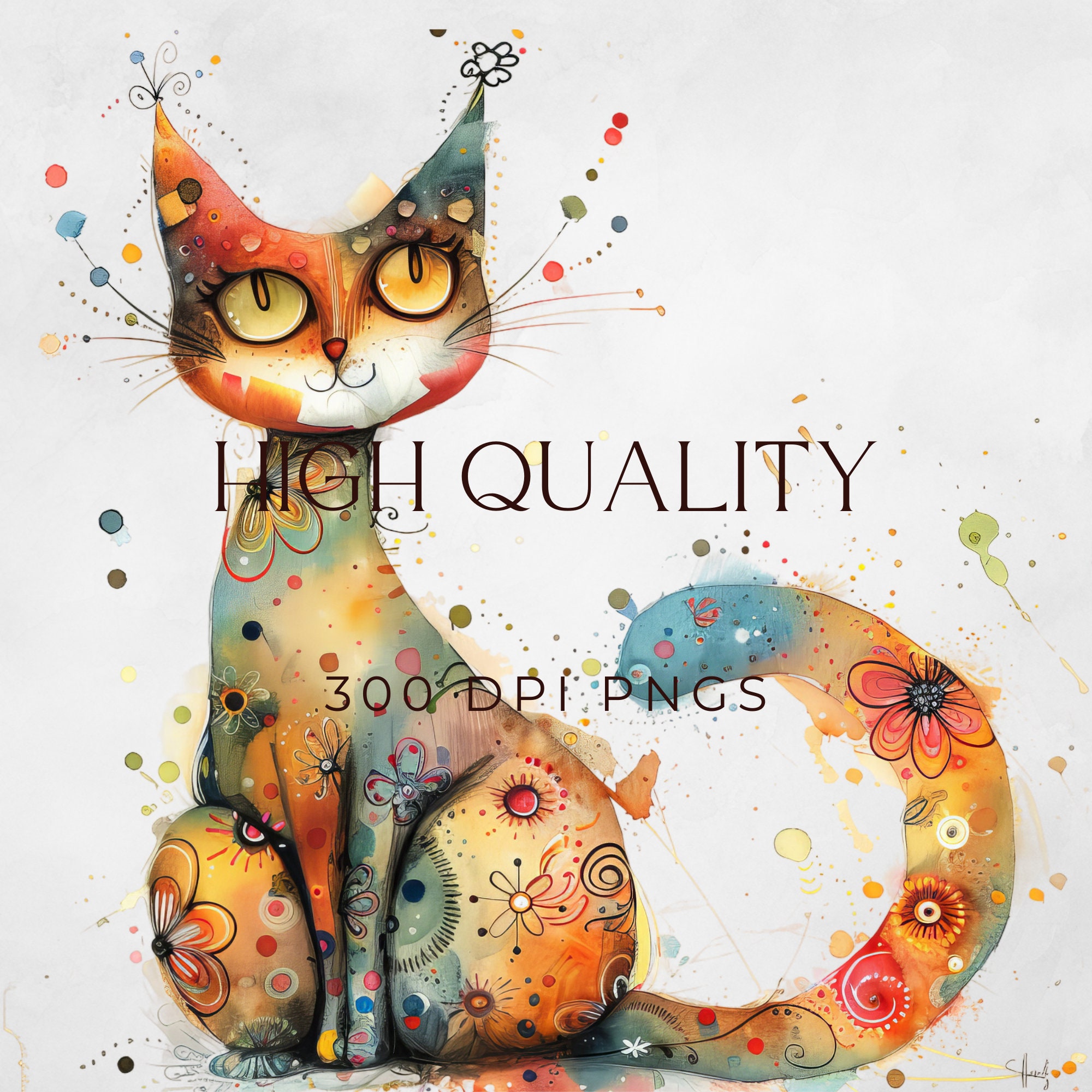 Watercolor Whimsical Quirky Cats, Clipart Bundle, Transparent PNG ...