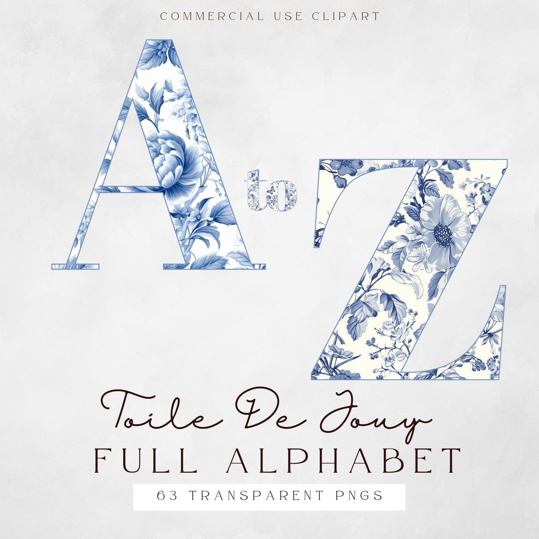 French Blue Floral Toile Alphabet Clipart, ABC Clip Art, Letters ...