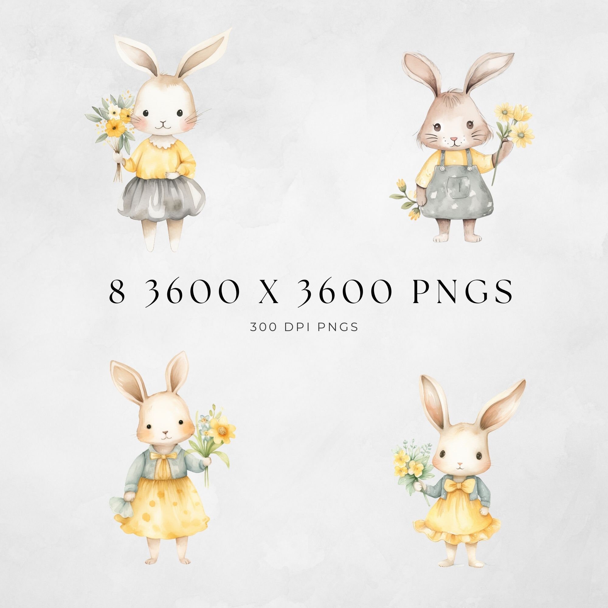 Whimsical Spring Floral Bunnies Clipart Bundle, Watercolor, Transparent ...