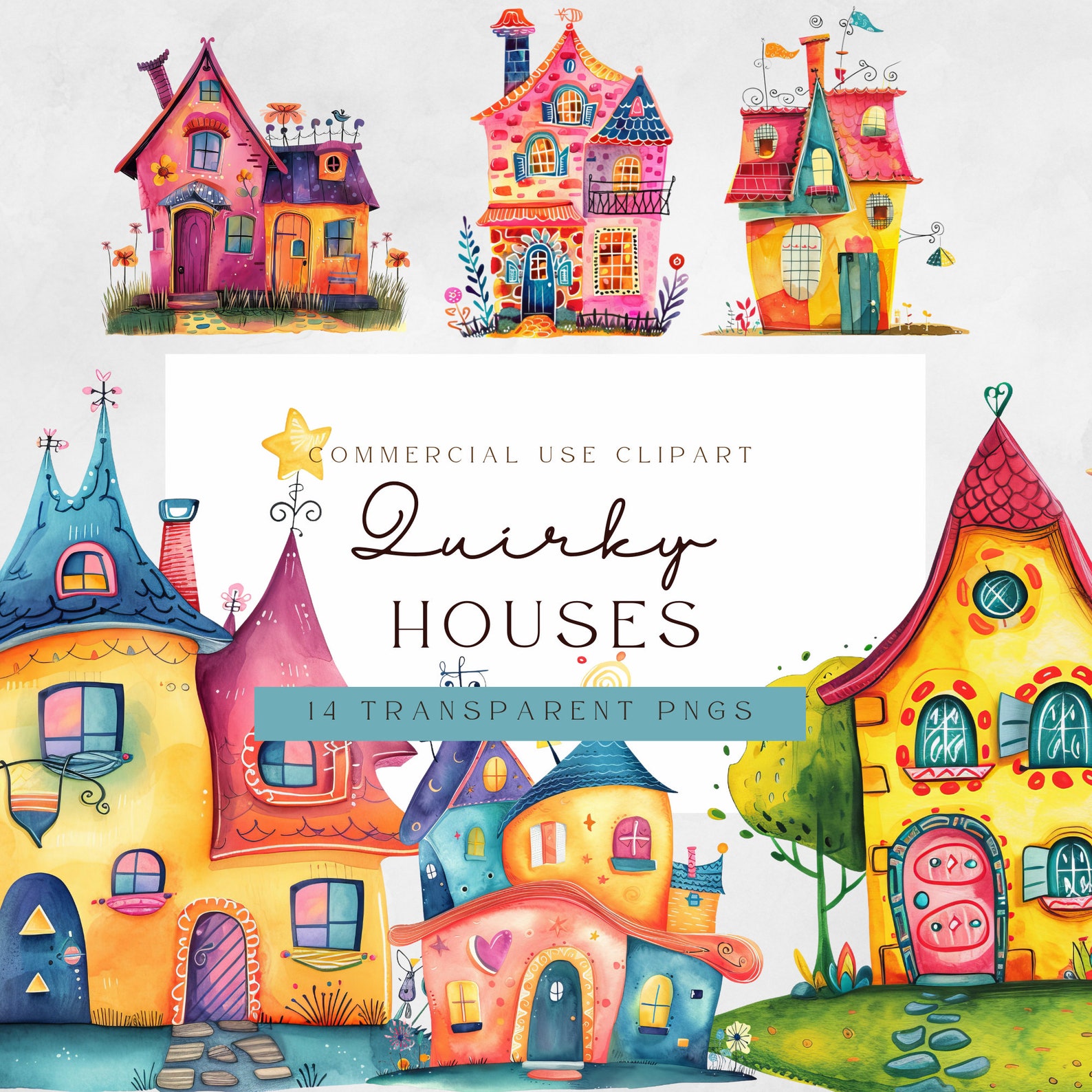 Quirky House Clipart Bundle | Commercial Use | Watercolor Colorful ...