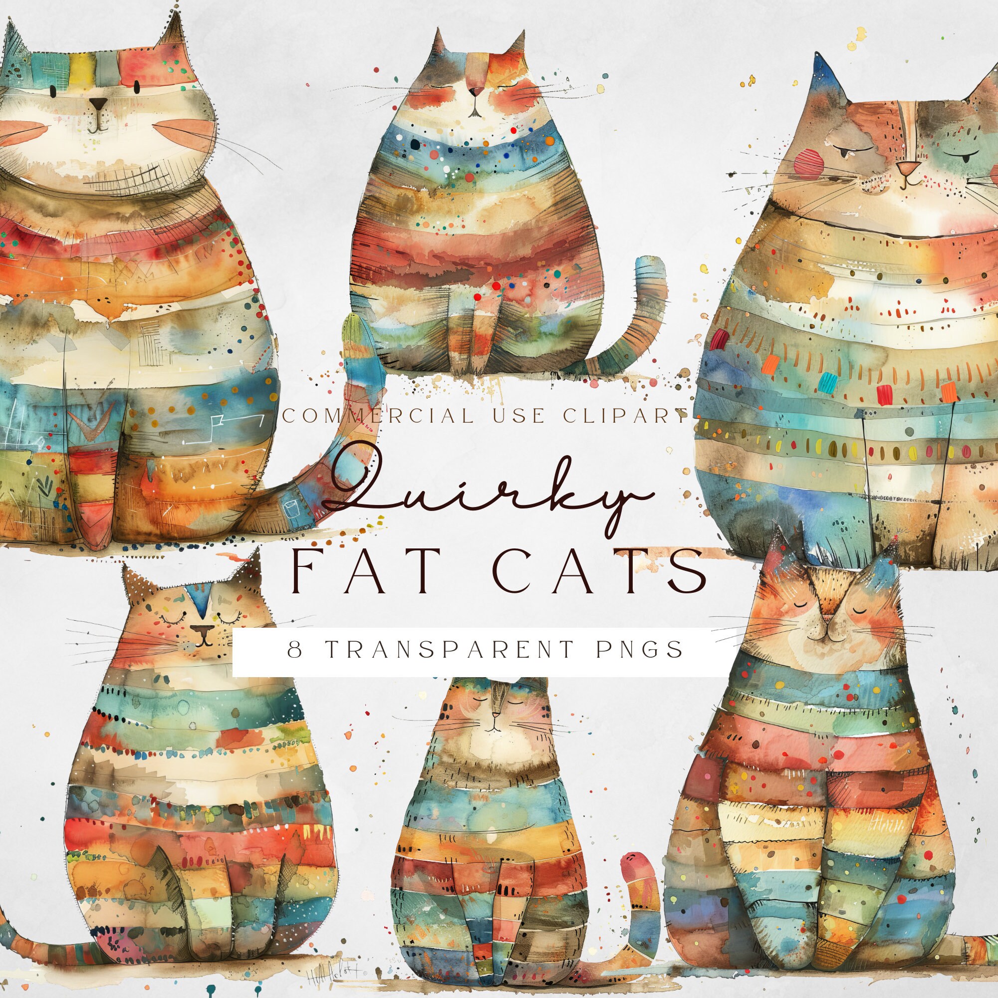 Watercolor Whimsical Quirky Fat Cats, Clipart Bundle, Transparent PNG ...