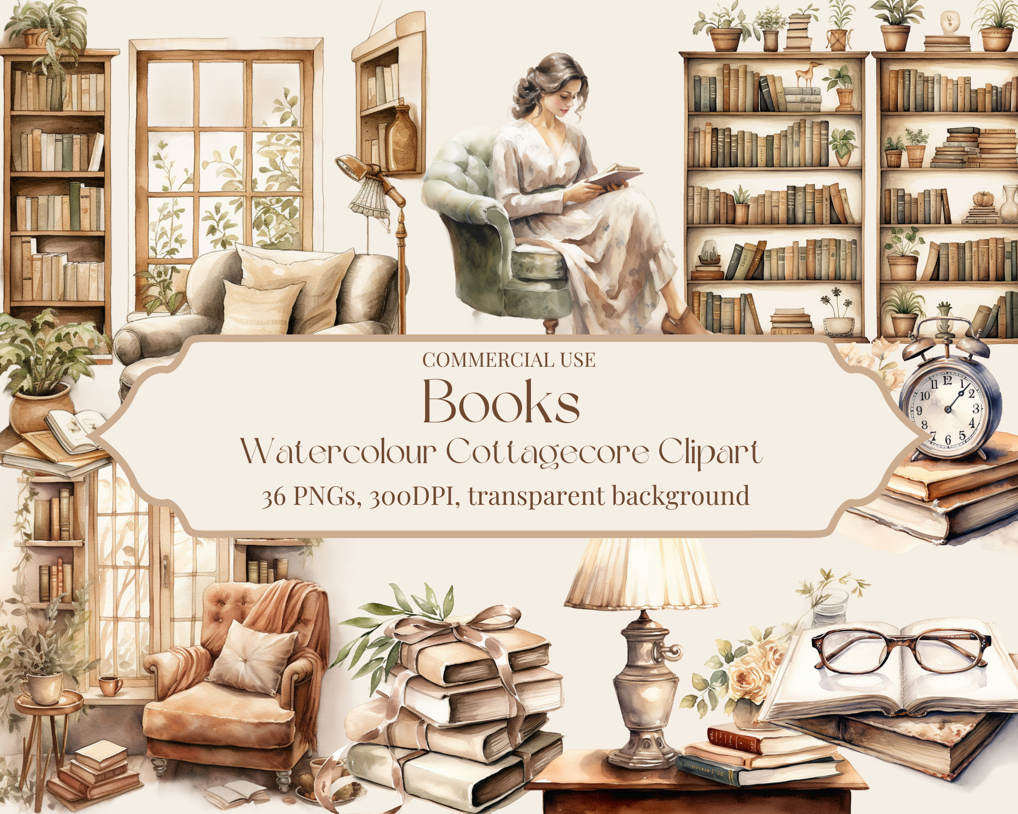Bookworm Clipart Bundle, Watercolour, Cottagecore, Transparent PNG ...