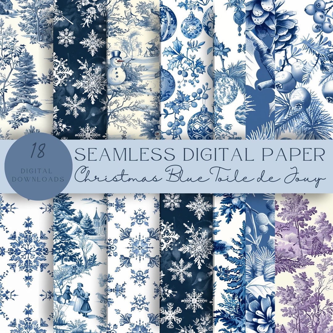 Blue Christmas Toile De Jouy Digital Paper, Seamless Pattern ...