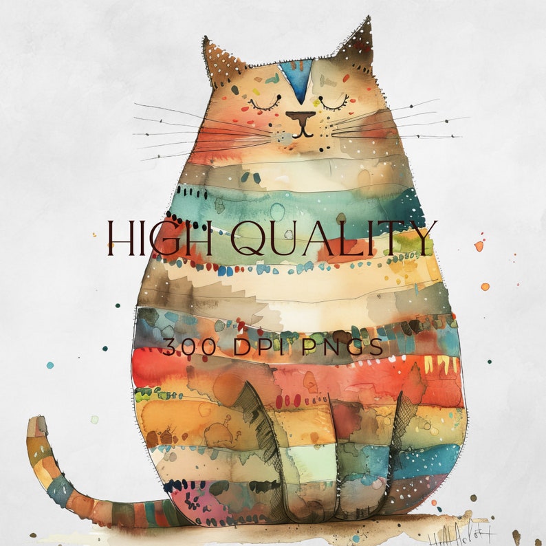 Watercolor Whimsical Quirky Fat Cats, Clipart Bundle, Transparent PNG ...