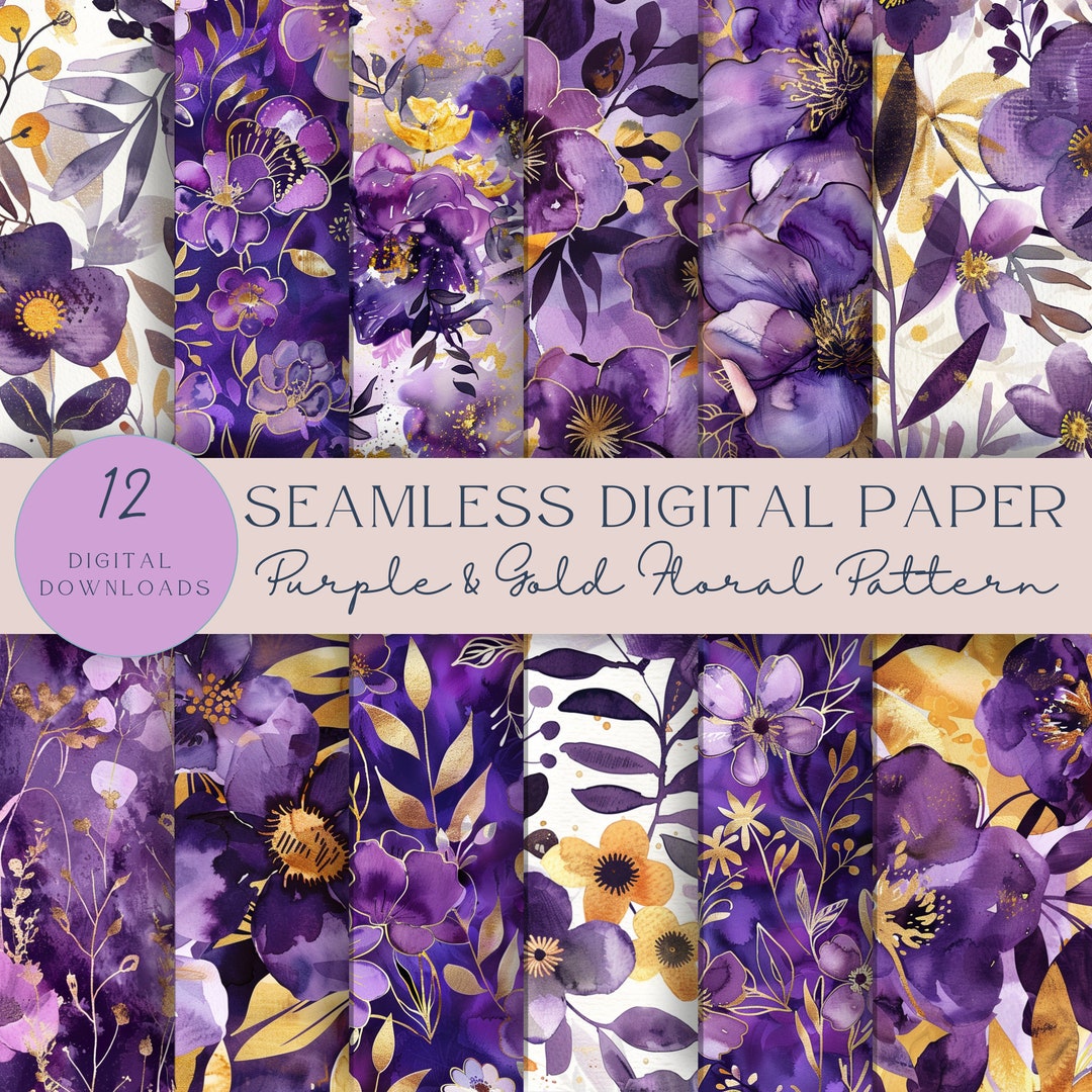 Digital Paper Purple and Gold Floral Seamless Pattern Instant Download ...