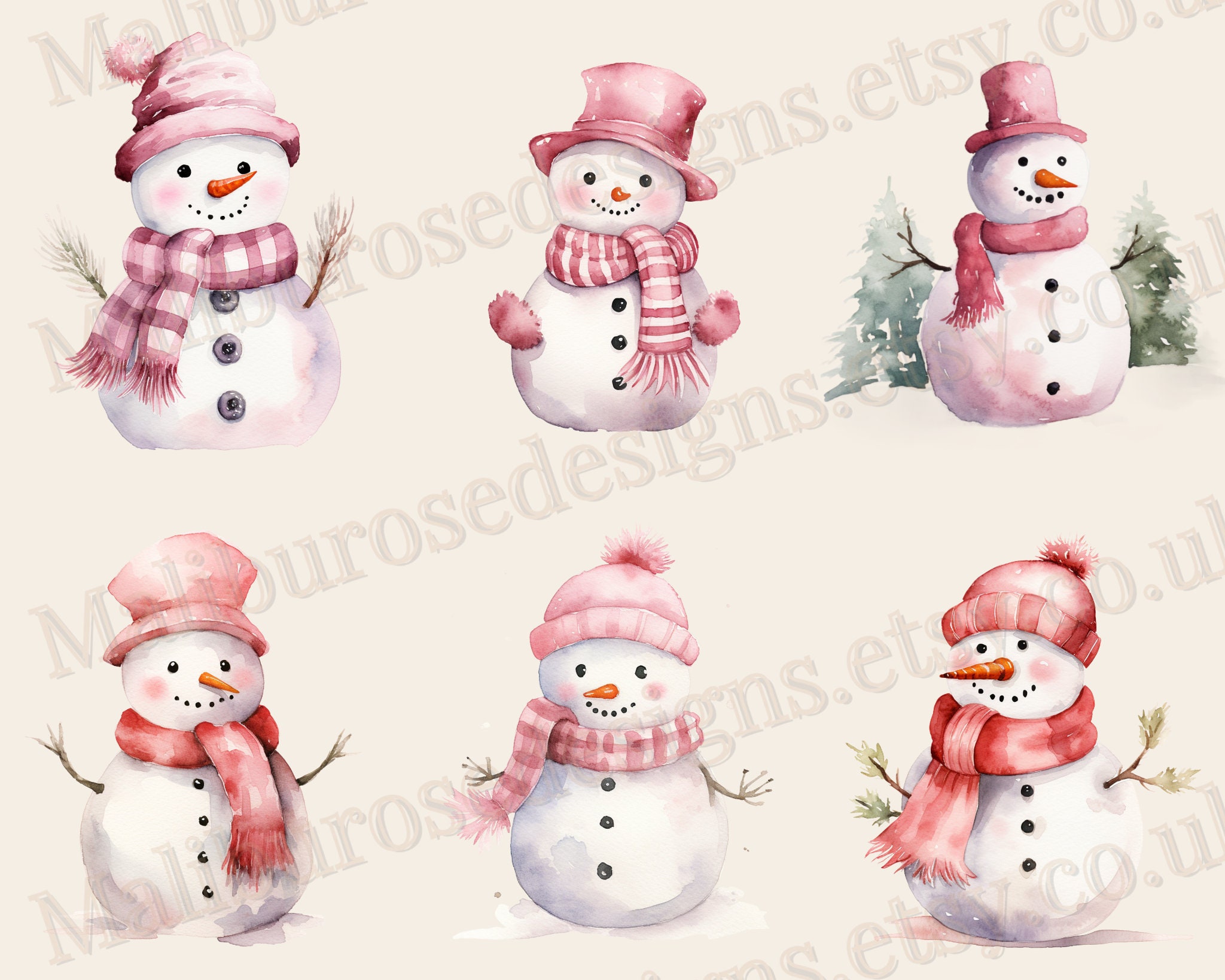 Pink Snowmen Clipart Watercolour, Transparent PNG, Instant Download ...