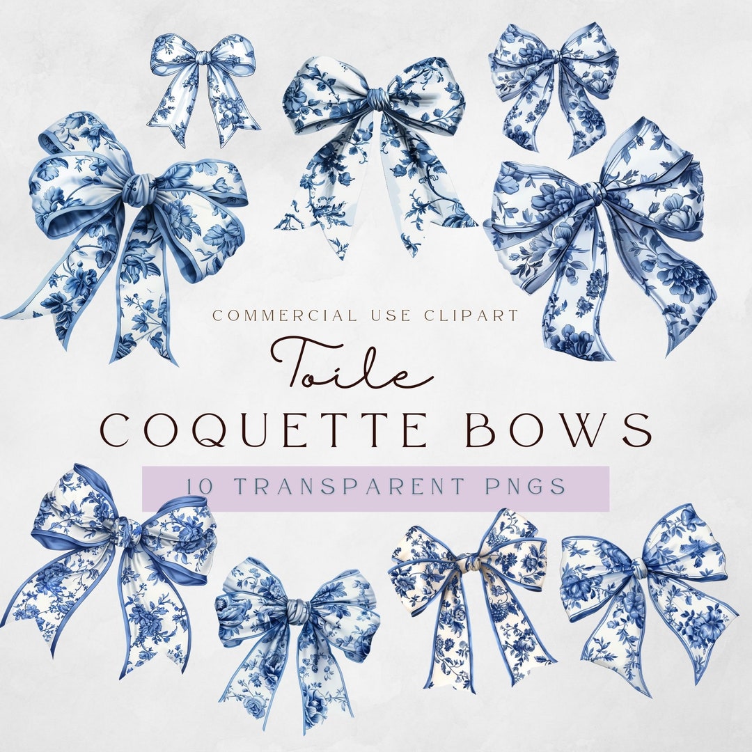 Toile Bow Clipart: Blue Coquette Bows, Commercial Use (digital Download ...