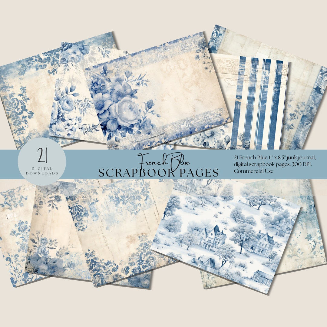 French Blue Vintage Junk Journal Scrapbook Digital Paper, Instant ...