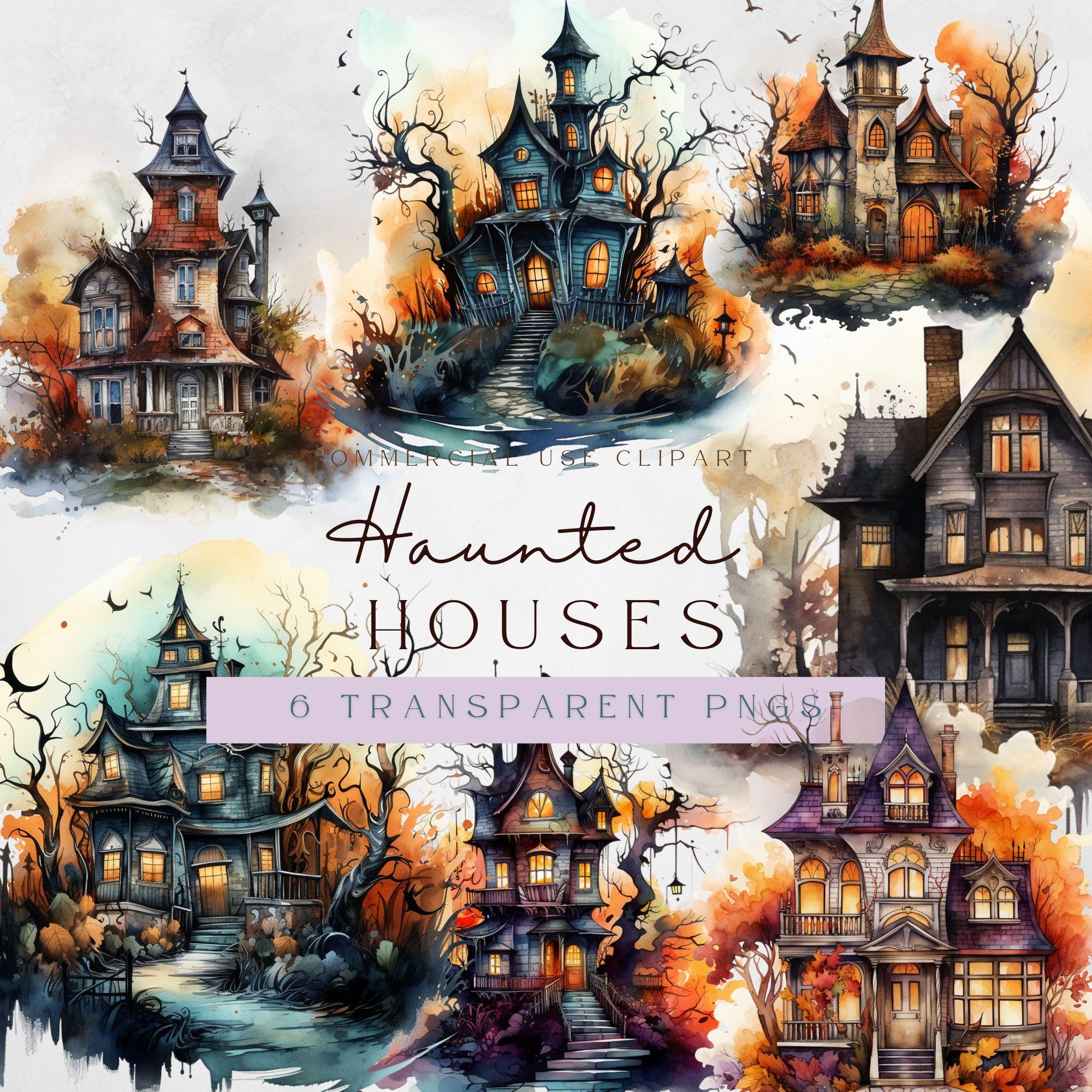 Watercolor Haunted House Clipart: Spooky Halloween Mansion Pngs ...