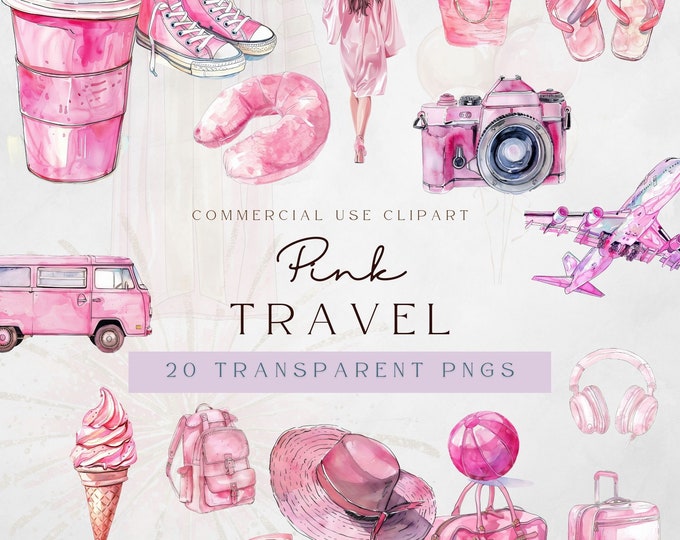 Pink Travel Watercolour Clipart Bundle, 22 Transparent PNG 300 Dpi ...
