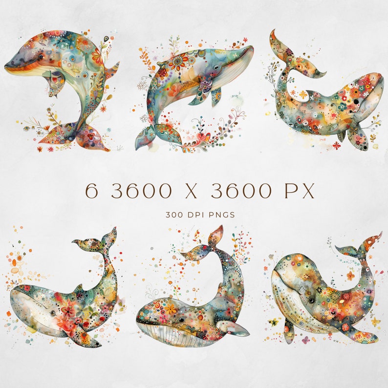 Watercolor Whimsical Whales, Clipart Bundle, Transparent PNG, Instant ...