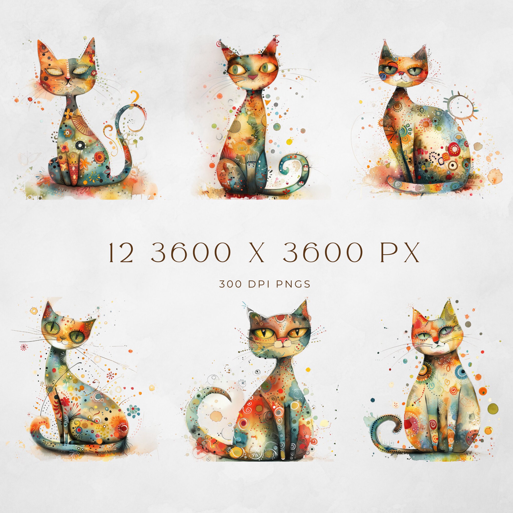 Watercolor Whimsical Quirky Cats, Clipart Bundle, Transparent PNG ...