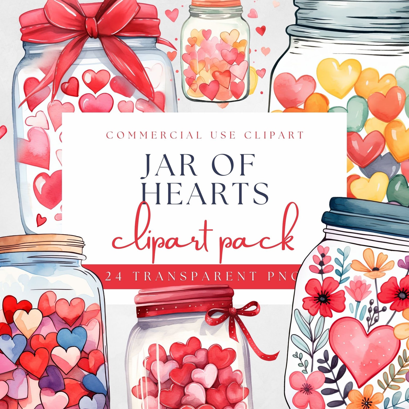 Watercolour Jar of Hearts, Valentines Clipart, Transparent PNG, Instant ...