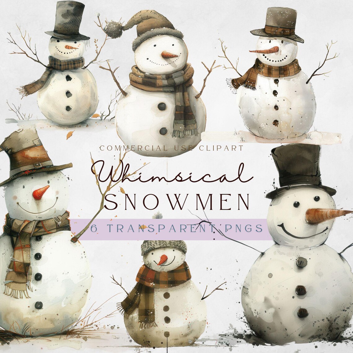 Whimsical Christmas Snowmen Clipart: Transparent Pngs (instant Download ...