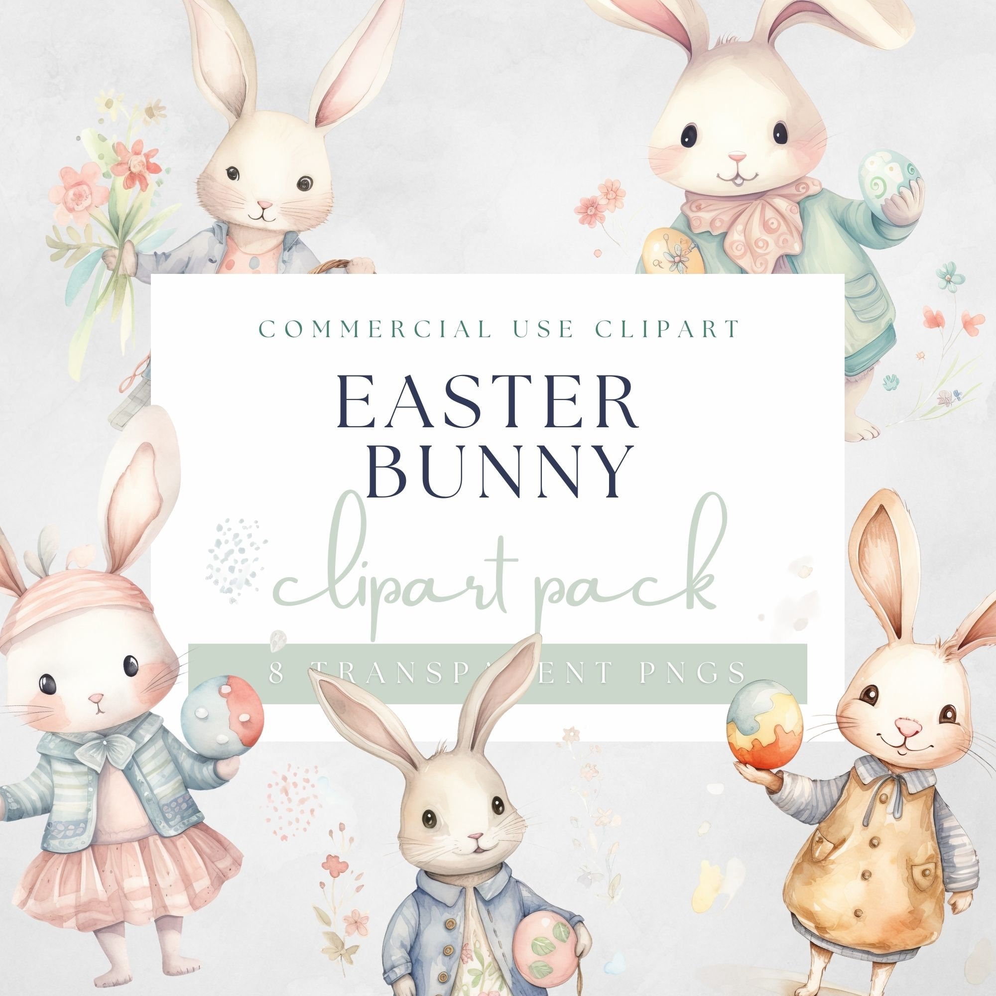 Boho Whimsical Easter Bunny Clipart Bundle, Watercolor, Transparent PNG ...