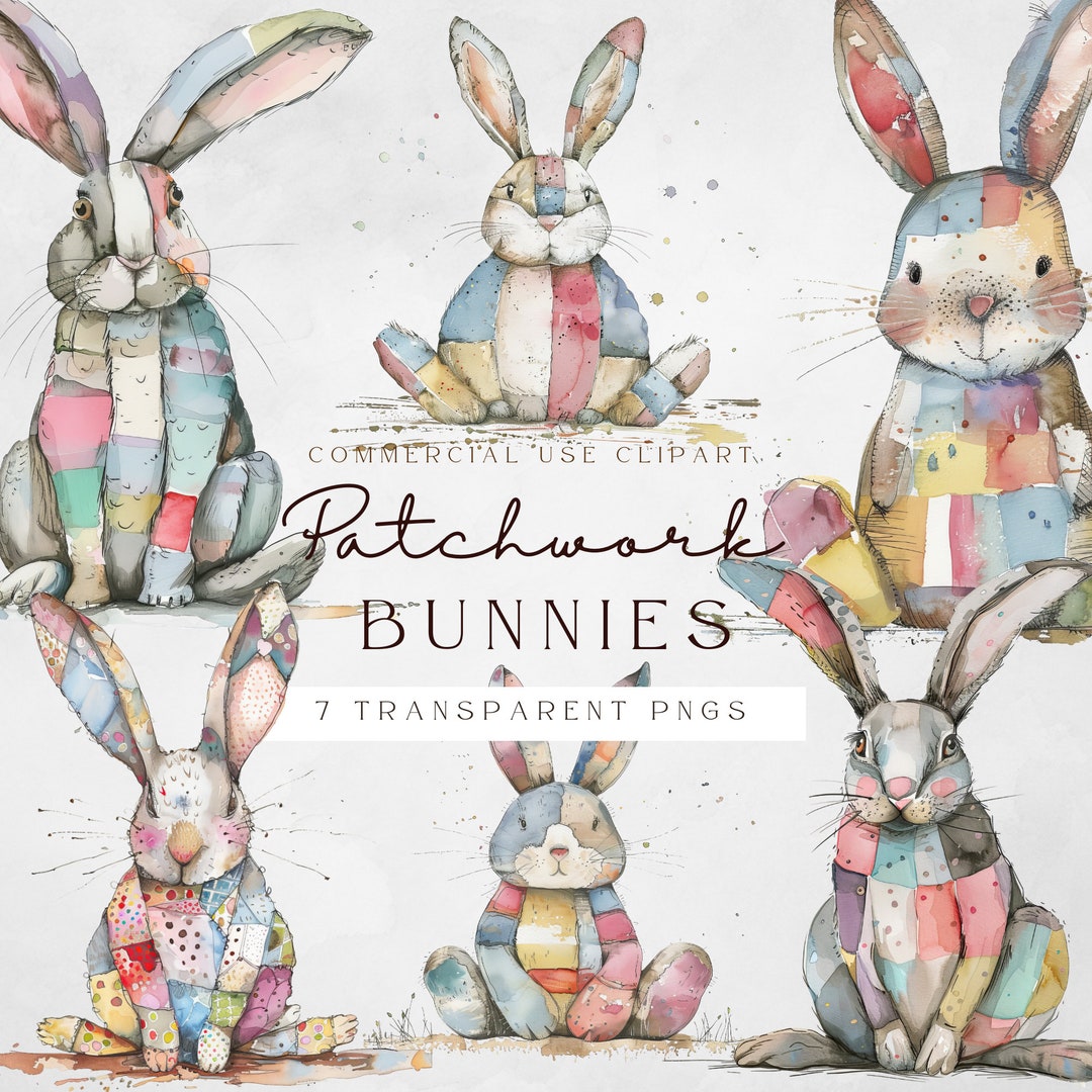 Watercolor Patchwork Bunnies, Quirky Bunny, Clipart Bundle, Transparent ...