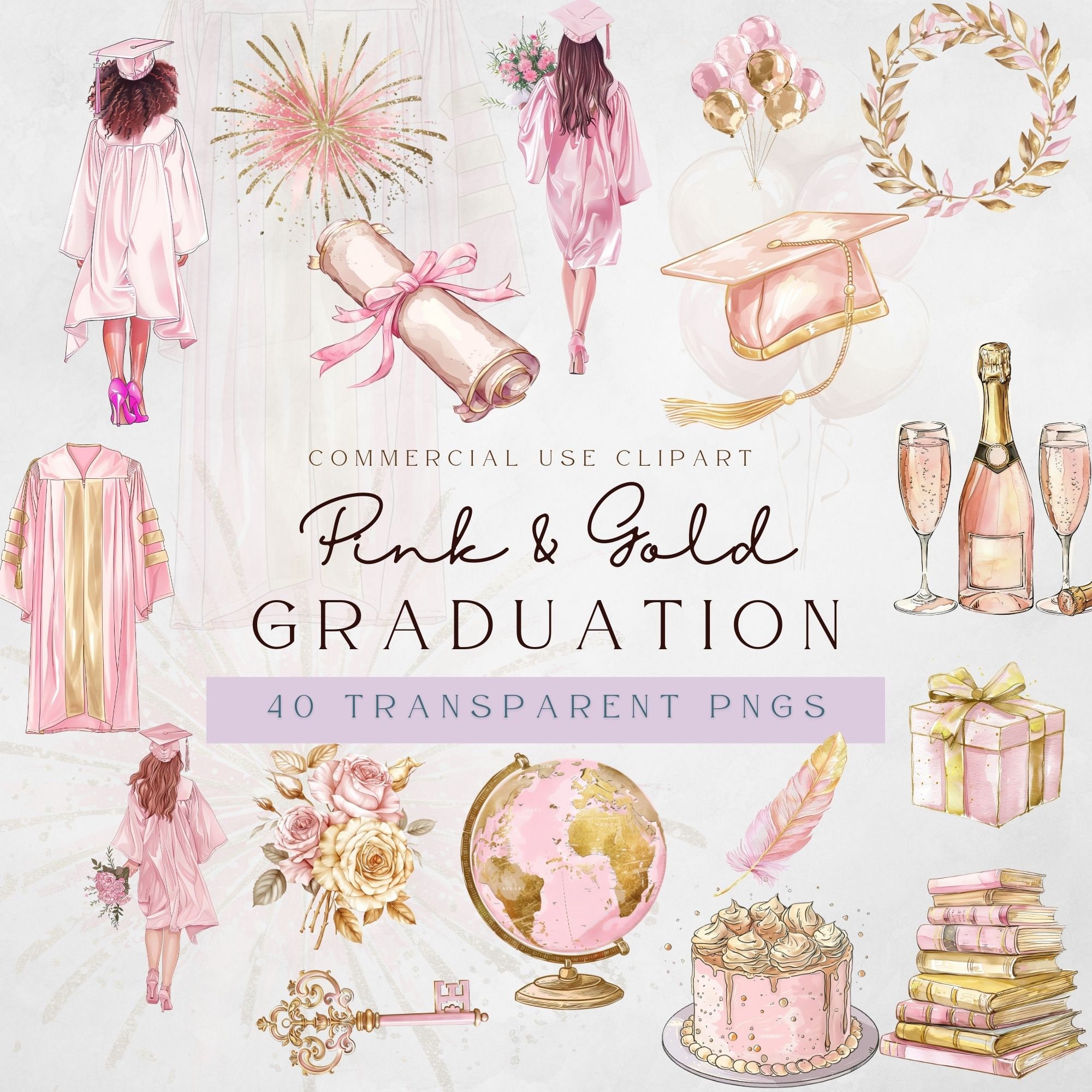 Pink Graduation Clipart | Pink and Gold Watercolour Grad Cap and Gown ...