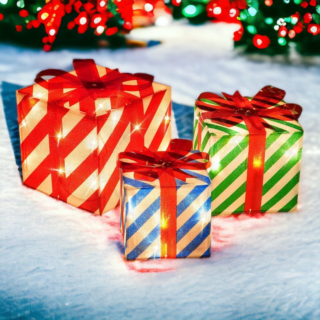 Set of 3 Red Green Blue Stripe Pre-lit Lighted Present Gift - Etsy