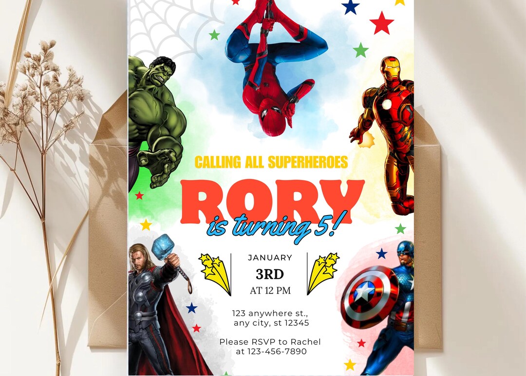 Superhero Avengers Marvel Birthday Invite Editable Customise ...