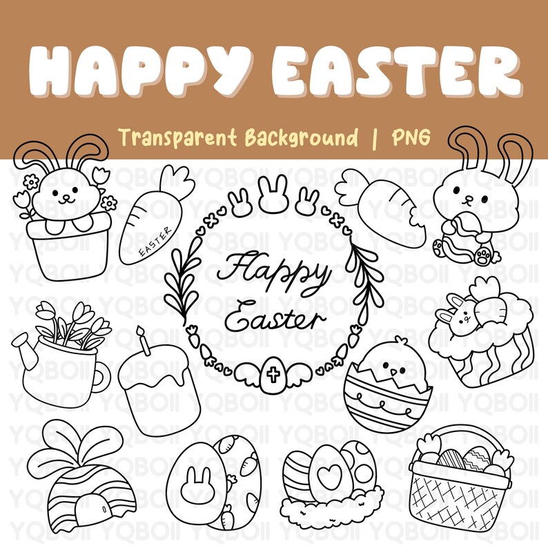 Happy Easter Outlines Clipart | Kawaii Easter Outline PNG | Cute Easter ...