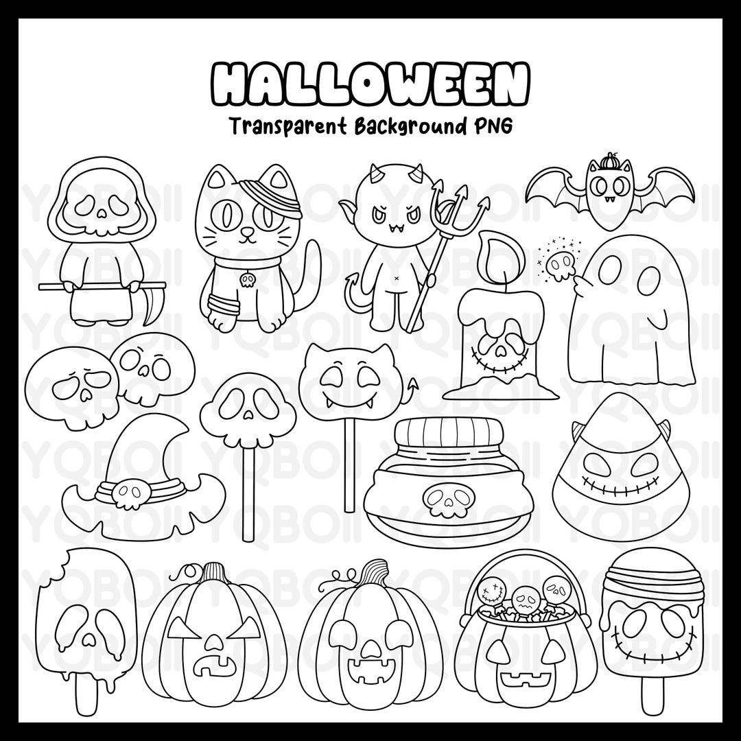 Halloween Outline Clip Art, Cute Halloween Line Art, Cute Creepy PNG ...