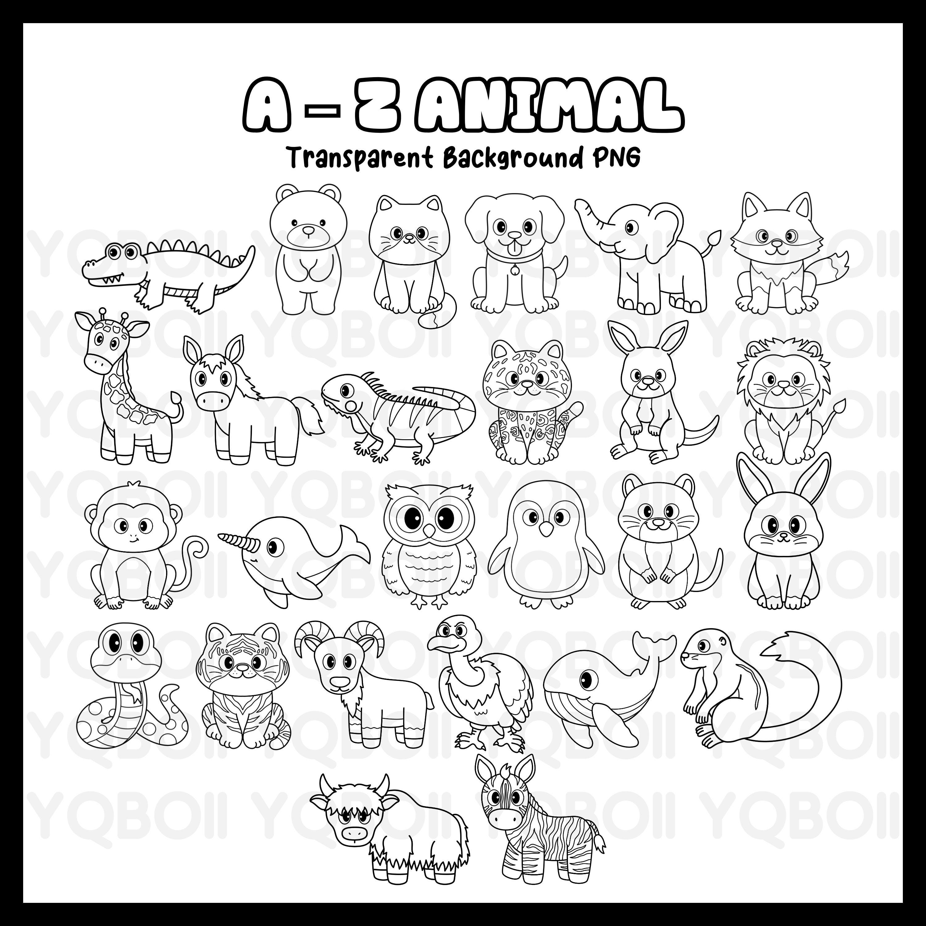 A–Z Cartoon Animals Outline Clipart, A to Z Animal Black and White ...