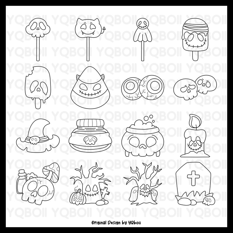 Halloween Outline Clip Art, Cute Halloween Line Art, Cute Creepy PNG ...