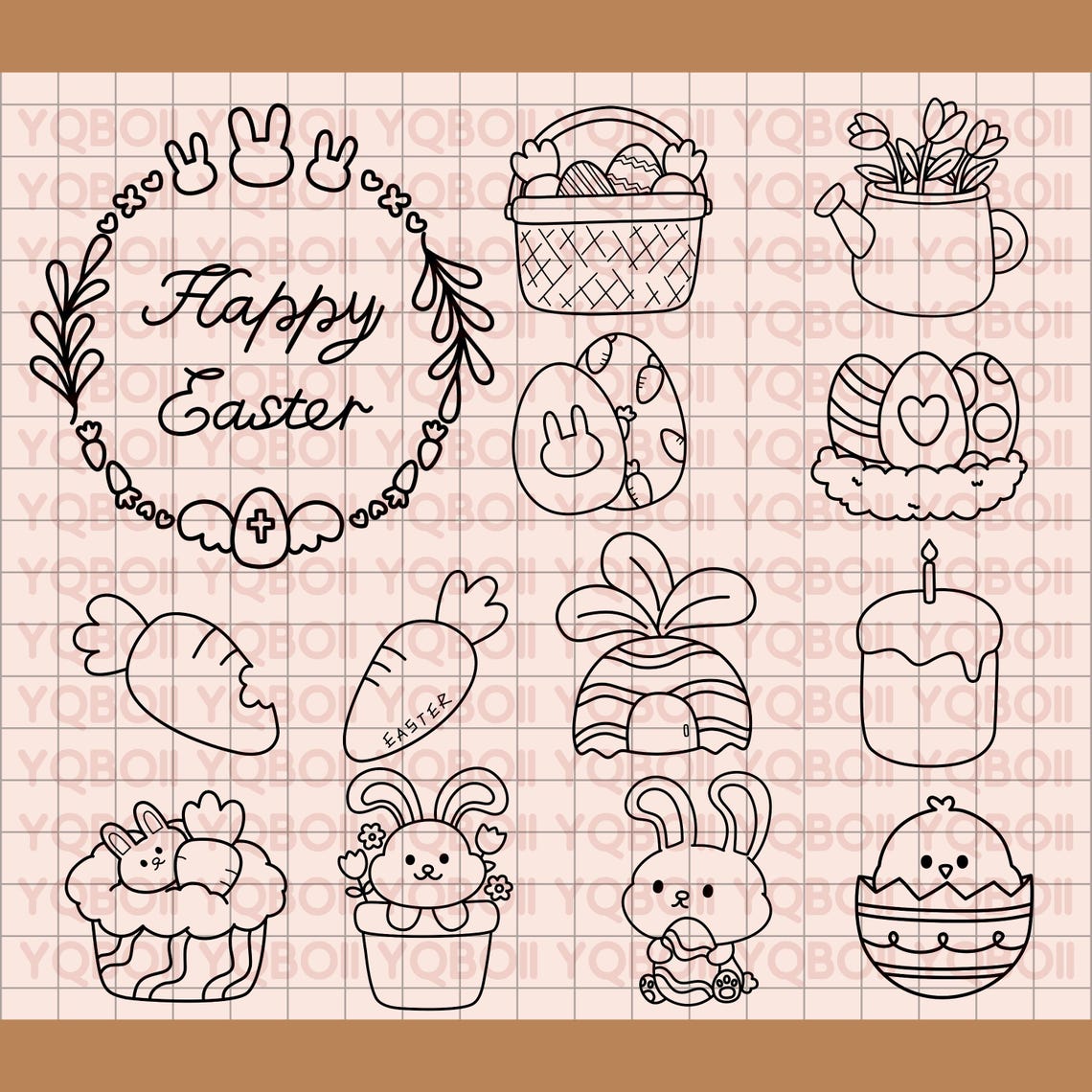 Happy Easter Outlines Clipart | Kawaii Easter Outline PNG | Cute Easter ...