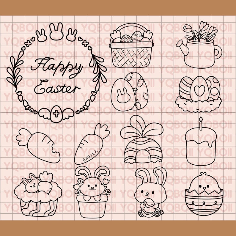 Happy Easter Outlines Clipart | Kawaii Easter Outline PNG | Cute Easter ...