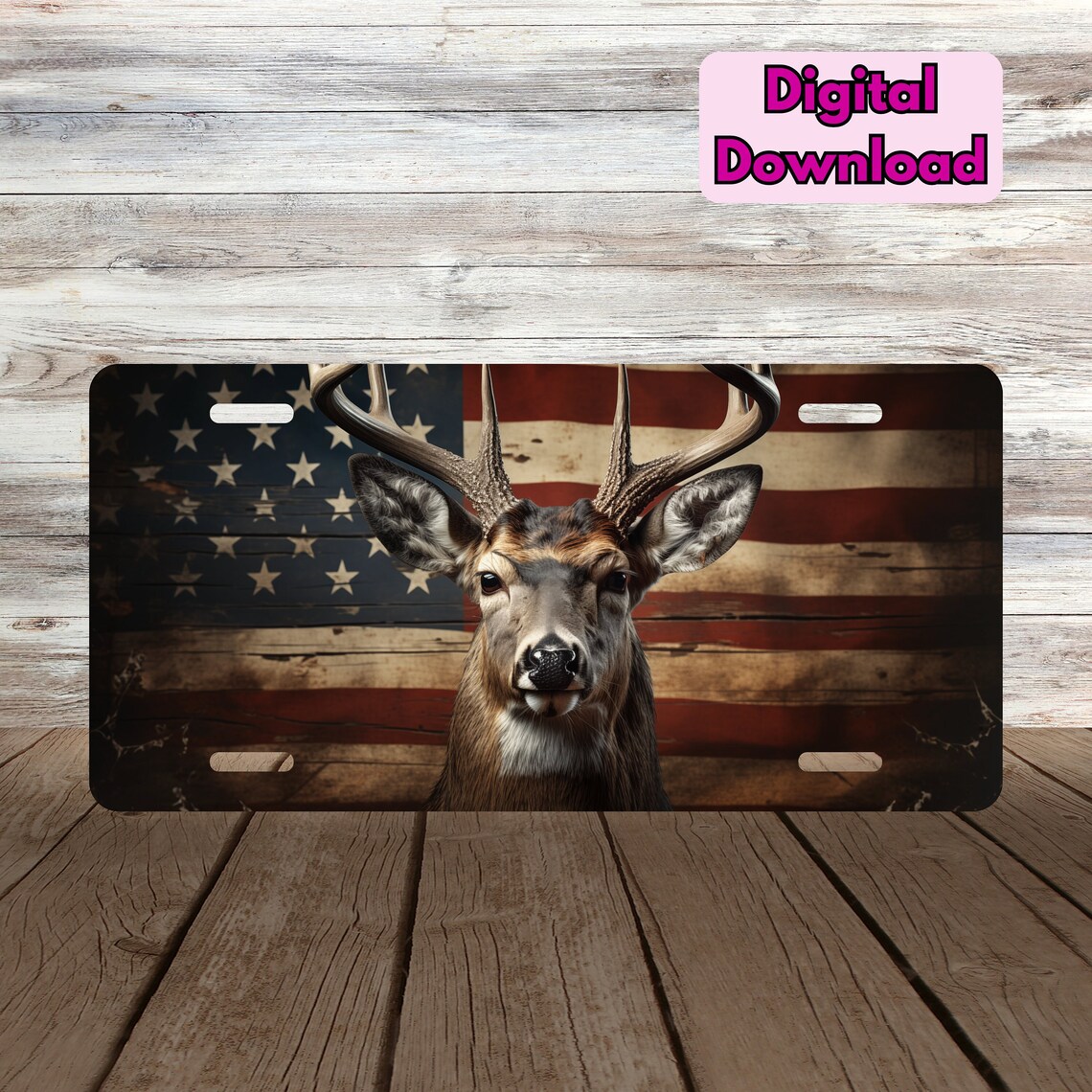 Deer Hunting American Flag License Plate PNG, Buck American Flag ...