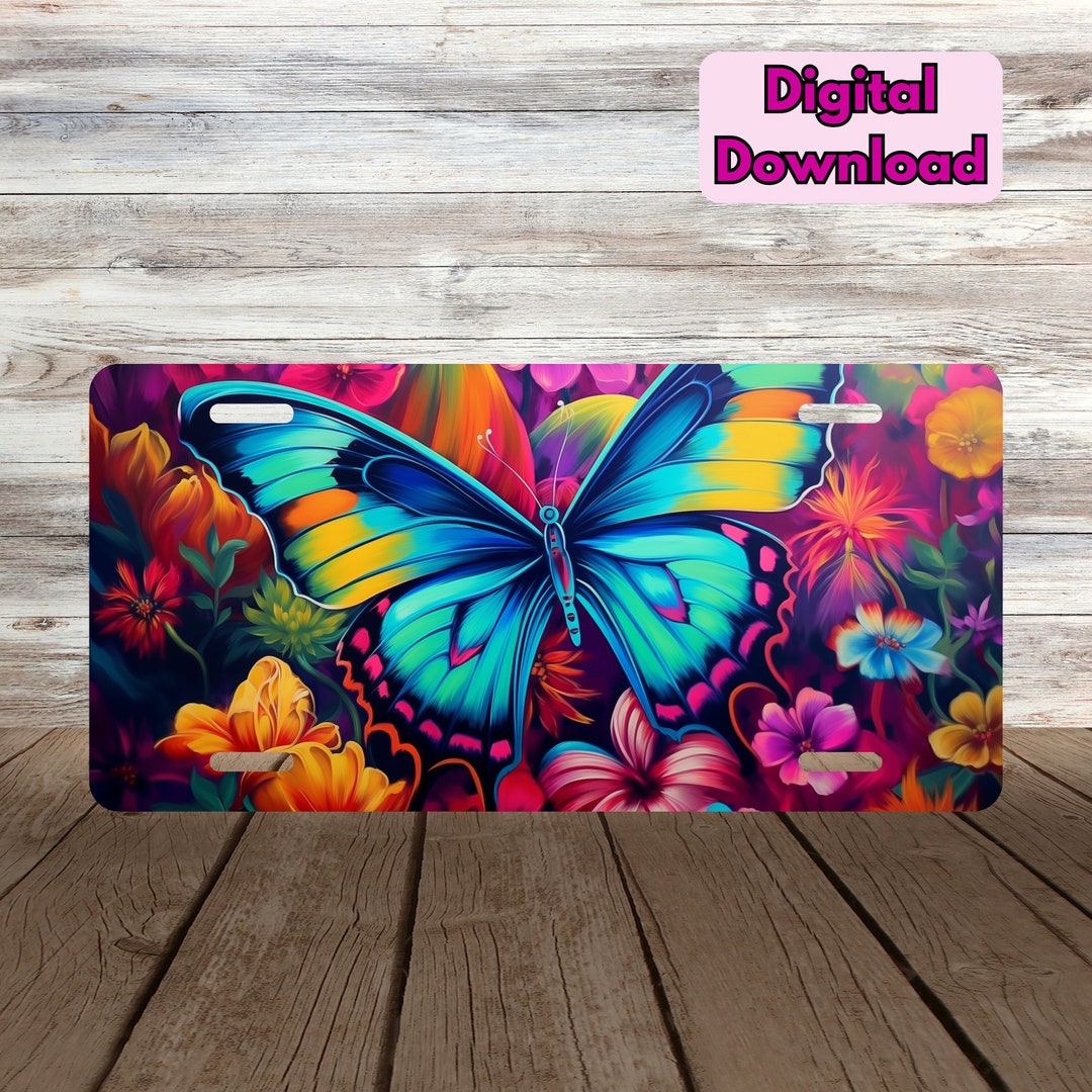Colorful Butterfly License Plate PNG, Neon Butterfly License Plate ...
