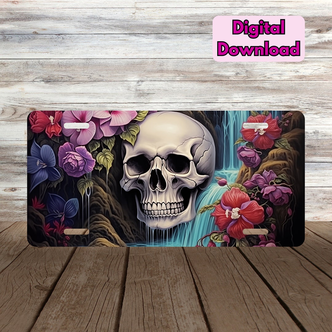 Skull Waterfall License Plate PNG, Skull Wildflower License Plate ...