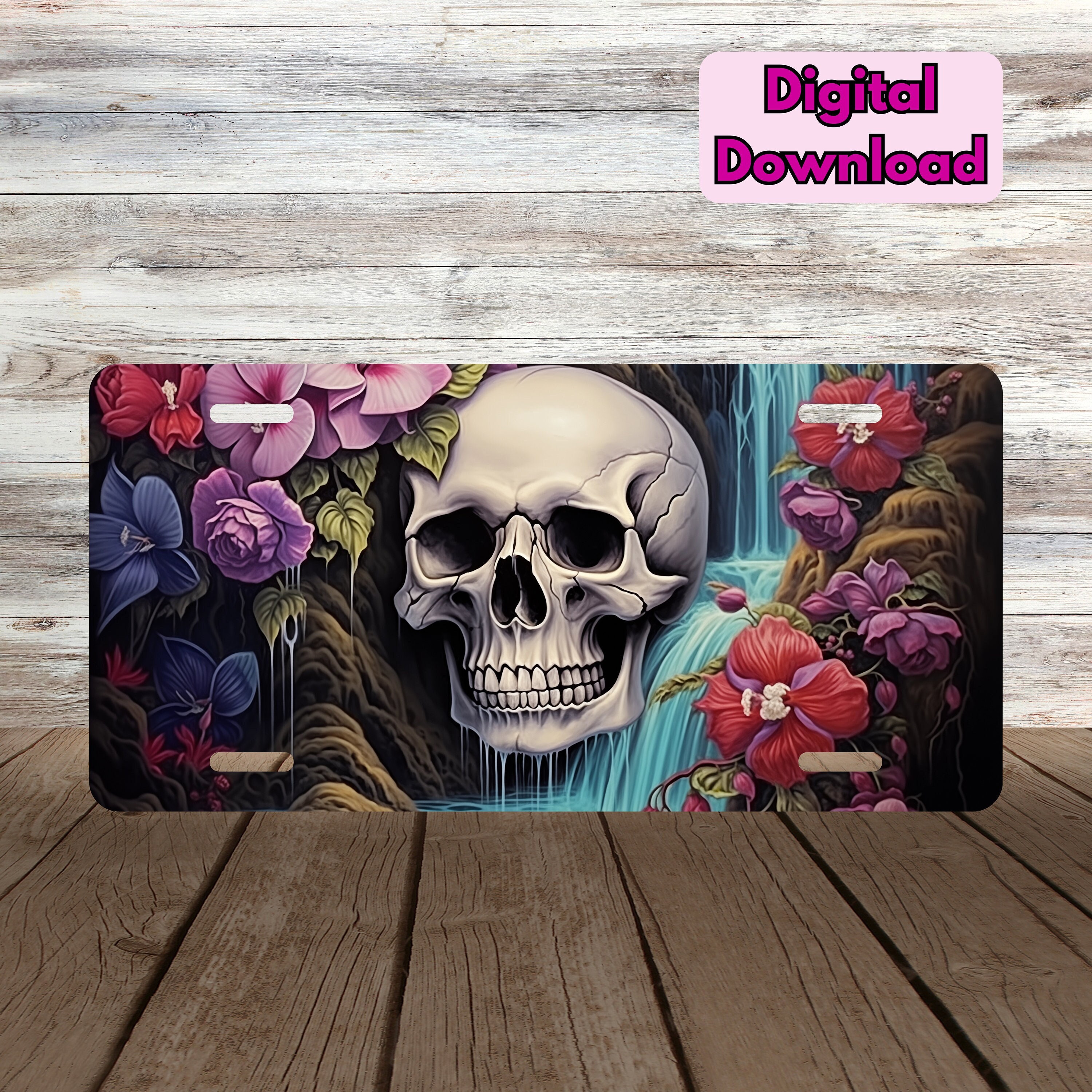 Skull Waterfall License Plate PNG, Skull Wildflower License Plate ...